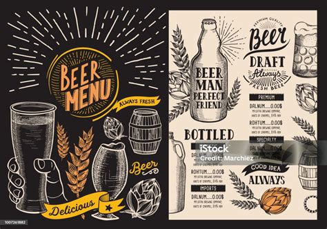 레스토랑 카페에 대 한 맥주 음료 메뉴입니다 손으로 그린 그래픽 일러스트와 함께 서식 파일을 디자인 합니다 벡터 음료 안내물 칠판 배경 바 고풍스런에 대한 스톡 벡터 아트