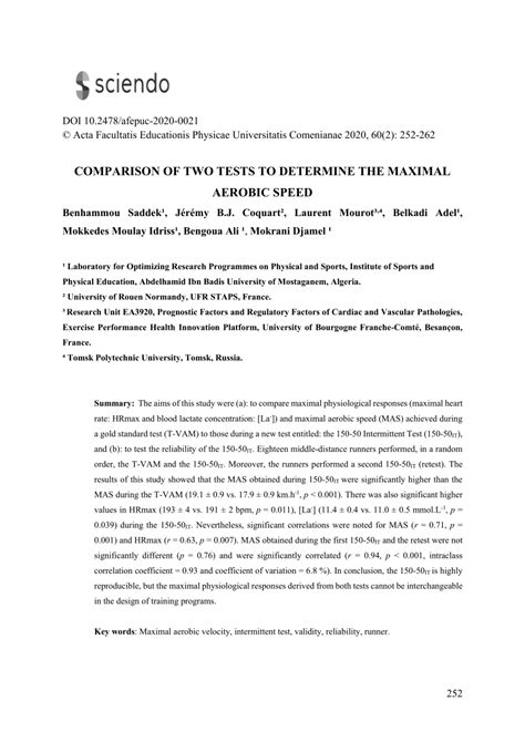 Pdf Comparison Of Two Tests To Determine The Maximal Aerobic Speed