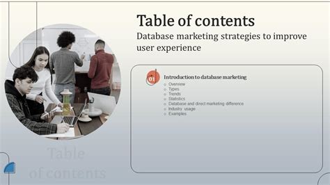 Table Of Contents Database Marketing Strategies To Improve User Experience Mkt Ss V Ppt Powerpoint