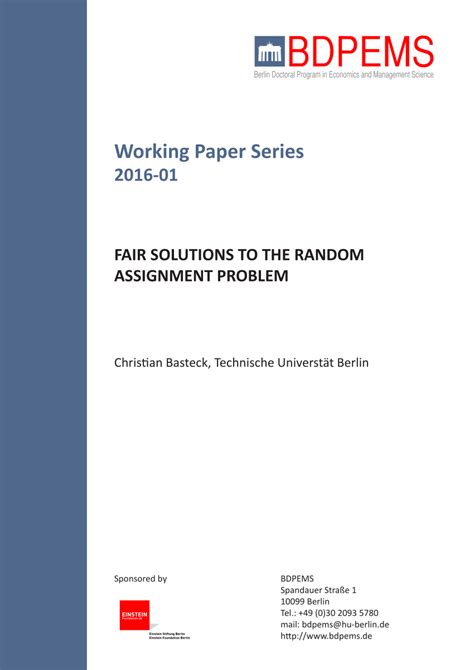 Pdf Fair Solutions To The Random Assignment Problem