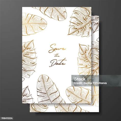 열 대와 골드 웨딩 초대장 단풍 디자인 서식 파일에 대 한 벡터 요소입니다 골드 열 대 결혼식 초대 날짜 저장 디자인 인사말 카드 감사 카드 브로셔 배너에 대 한 나뭇잎