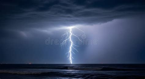Dramatic Lightning Strike Over The Ocean At Night Stock Illustration