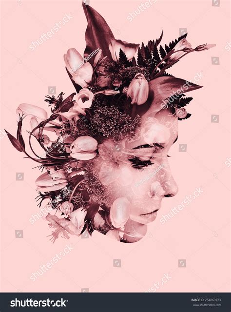 14 Abstract Double Exposure Portrait Beautiful Young Woman Face Flowers Visual Digital Art