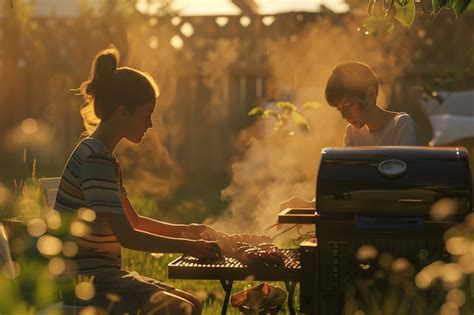 Premium Photo Mom And Son Having A Bbq