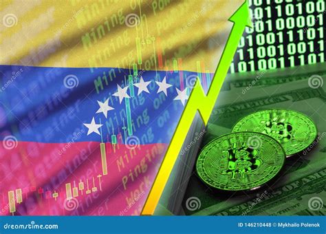 Venezuela Flag And Cryptocurrency Growing Trend With Two Bitcoins On