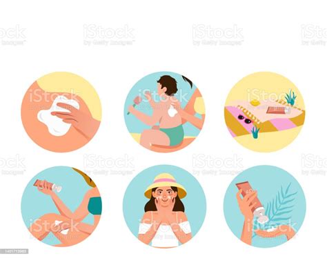 아기에게 자외선 차단제를 바르는 어머니 Spf 로션을 사용하는 가족 자외선 차단 해변에서 휴가 벡터 일러스트레이션을 사용한 Spf 크림 햇볕 차단 로션에 대한 스톡 벡터