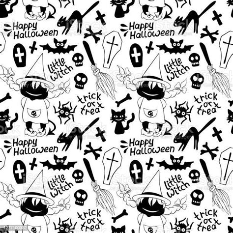 아이콘 마녀 빗자루 뼈 검은 고양이 거미 박쥐와 비문 세트와 해피 할로윈 원활한 패턴 인사말 카드 초대장 파티 포스터 배너에 대한 텍스처 배경 할로윈에 대한 스톡 벡터 아트