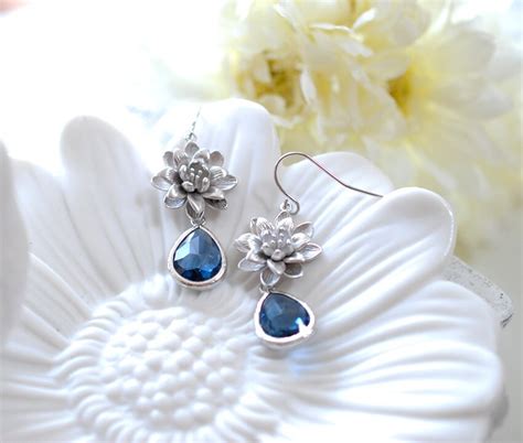 Silver Lotus Flower Earrings Sapphire Blue Wedding Jewelry Etsy