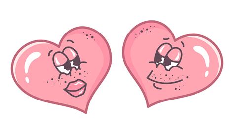 발렌타인 캐릭터들은 서로를 향해 미소를 짓습니다 바람둥이 커플 Doodle 손으로 그린 윤곽선 레트로 스타일의 그루비 하트 발렌타인 데이 클립 아트 벡터 일러스트 레이 션