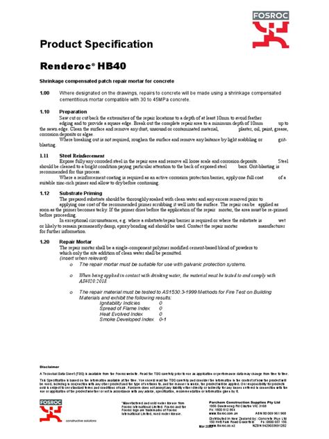 Fosroc Renderoc Hb40 Spec Pdf Corrosion Concrete