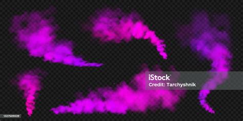 사실적인 보라색 다채로운 연기 구름 안개 효과 어두운 배경에 색안개 증기는 공기 증기 흐름 벡터 일러스트레이션 0명에 대한 스톡