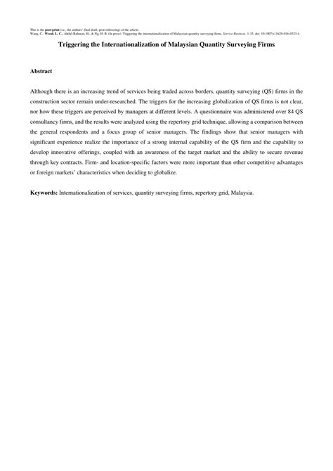 Pdf Triggering The Internationalization Of Malaysian Quantity Surveying Firms