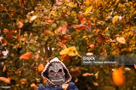 할로윈 사람들의 초점을 맞추십시오 냉혹한 사신 가면을 쓴 사람이 손을 들고 나뭇잎을 던지는 사람 많은 비행 오렌지 노란색 녹색 마른 잎 두개골 유령 초점이 맞지 않음 8 9