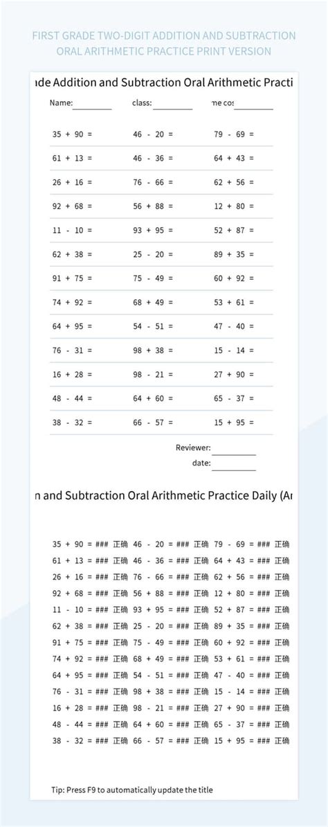 First Grade Two Digit Addition And Subtraction Oral Arithmetic Practice