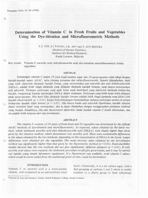 Determination Of Vitamin C In Fresh Fruits And Vegetables Pdf