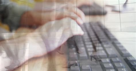 Animation Of Time Lapse Of People Walking Over Cropped Hands Of Caucasian Man Typing On Keyboard