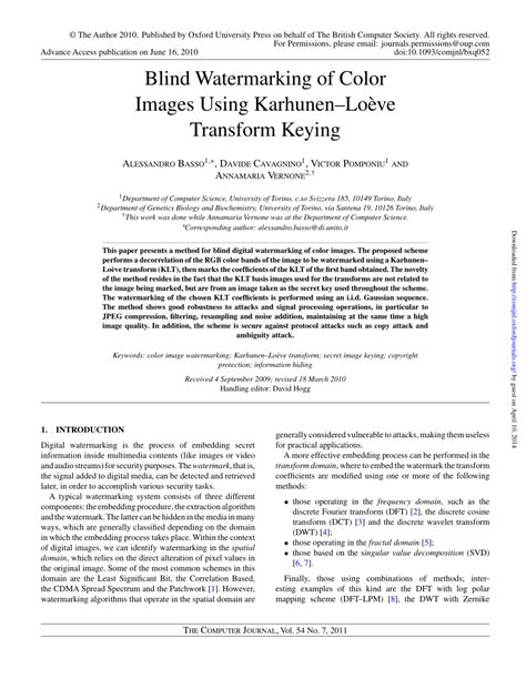 Pdf Blind Watermarking Of Color Images Using Karhunen Loeve Transform Keying
