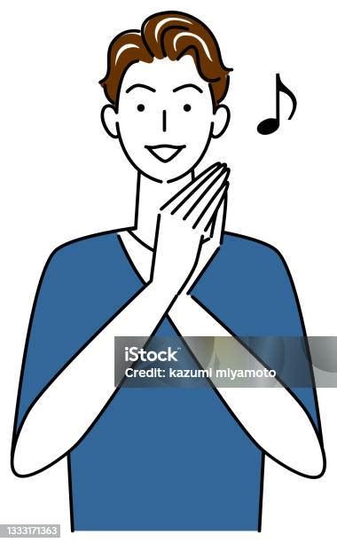 웃는 귀여운 남자 행복 손바닥 의 손바닥 일러스트 간단한 벡터 꽤 미소와 남자 함께 두 손바닥을 보고 행복 간단한 그림 벡터 사람들에 대한 스톡 벡터 아트 및 기타 이미지