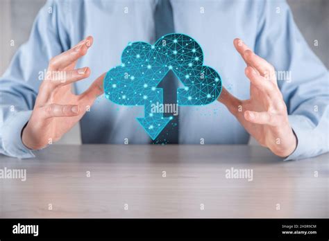 Man Hold Cloud Icon Technology Polygonal Wireframe Cloud Storage Sign With Two Arrows Up And