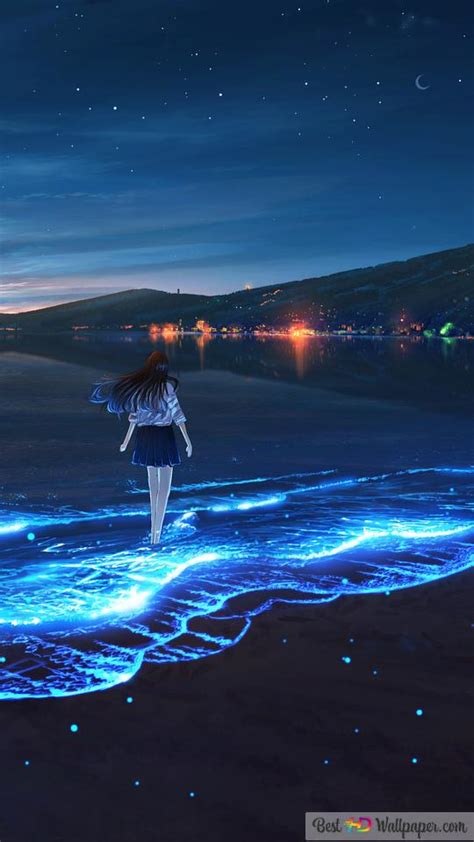 Anime Girl Beach Water Wave 4k Wallpaper Download