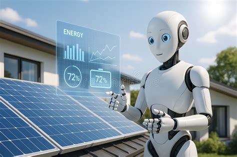 Robot Monitoring Solar Panel Energy Output With Futuristic Interface Showing Battery And Power