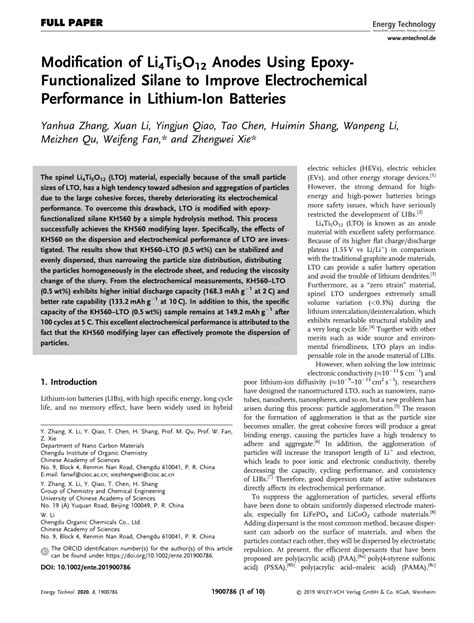 Modification Of Li4ti5o12 Anode Using Epoxy‐functionalized Silane To Improve Its Electrochemical
