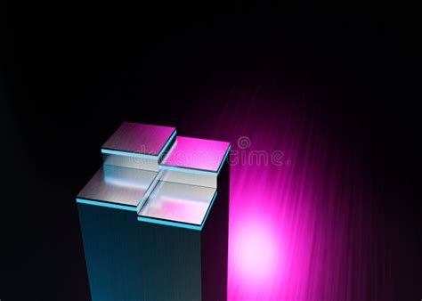 3d Rendering Of Squares With Blue And Pink Neon Lights On The Dark