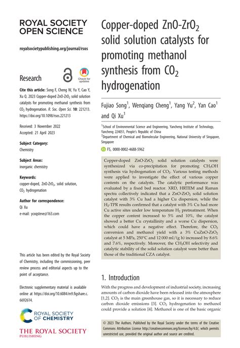 Pdf Copper Doped Zno Zro2 Solid Solution Catalysts For Promoting Methanol Synthesis From Co2