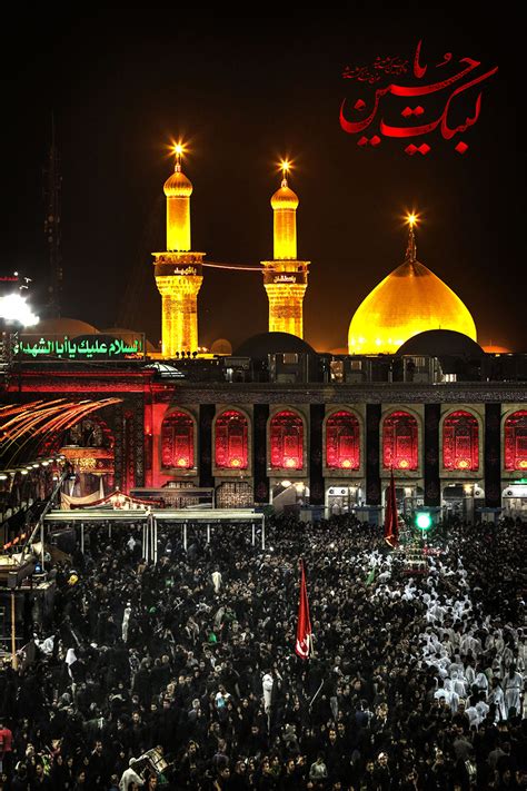 عکس با کیفیت حرم زیبای امام حسین با گلدسته ها و گنبد طلایی و مردم در
