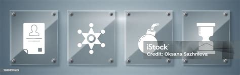 오래된 모래시계 폭발 준비가 된 폭탄 헥사그램 보안관 및 식별 배지를 설정합니다 정사각형 유리 패널 벡터 가는 끈에 대한 스톡 벡터 아트 및 기타 이미지 Istock