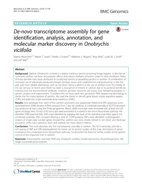De Novo Transcriptome Assembly For Gene Identification Analysis Annotation And Molecular