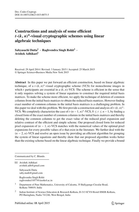 Pdf Constructions And Analysis Of Some Efficient T K N ∗ Visual Cryptographic Schemes