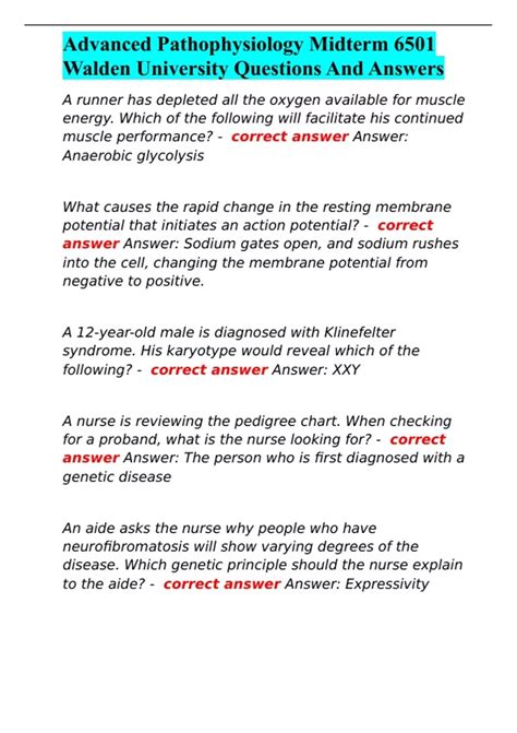 Advanced Pathophysiology Midterm 6501 Walden University Questions And Answers Advanced