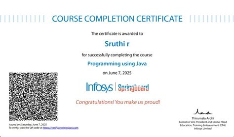 Earned Java Programming Certificate On Infosys Springboard Sruthi R Posted On The Topic Linkedin