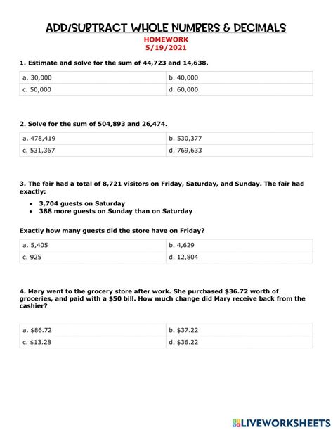 Add Subtract Whole Number And Decimal Sol Review Homework Worksheet