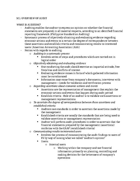 Lecture Notes Auditing M1 Overview Of Audit What Is Auditing Auditing Enables The Auditor To