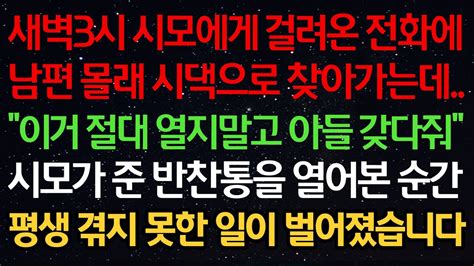 실화사연 새벽3시 시모에게 걸려온 전화에 남편 몰래 시댁으로 찾아가는데이거 절대 열지말고 아들 갖다줘 시모가 준 반찬통을 열어본 순간 평생 겪지 못한 일이