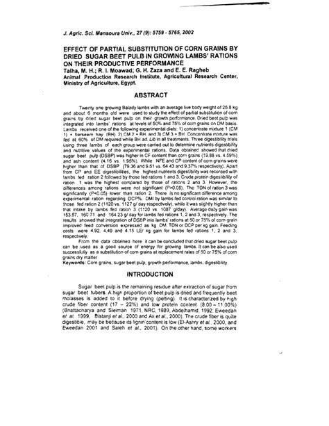Pdf Effect Of Partial Substitution Of Corn Grains By Dried Sugar Beet Pulb In Growing Lambs