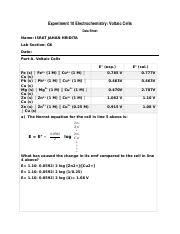 LAB REPORT 10 Docx Experiment 10 Electrochemistry Voltaic Cells Data Sheet Name ISRAT JAHAN