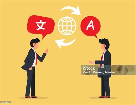 번역 또는 국제 커뮤니케이션 외국어 기호와 이야기하는 두 사업가 설명하기에 대한 스톡 벡터 아트 및 기타 이미지 설명하기 Worldwide Developers