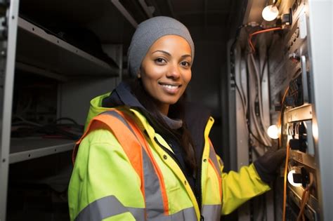 Premium Photo Black Female Electrician Smiling While Working On Electrical Panel