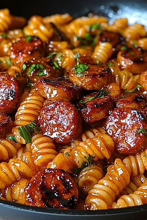 One Skillet Spicy Honey Bbq Sausage And Pasta Recipe In 2025 Recipes