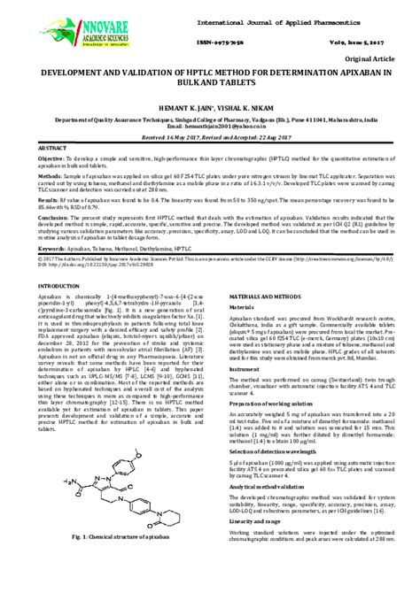 Pdf Development And Validation Of Hptlc Method For Determination Apixaban In Bulk And Tablets