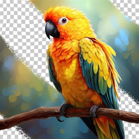 다채로운 노란색 앵무새 새 Sun Conure 투명 배경에 고립 프리미엄 Psd 파일