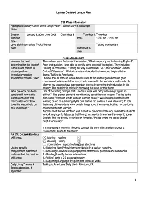Learner Centered Lesson Plan Printable Pdf Download