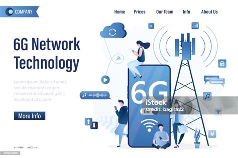 6g 네트워크 기술 랜딩 페이지 템플릿입니다 사용자는 6g 인터넷 연결을 잡습니다 통신 타워 무선 인터넷을 사용하는 스마트폰을 가진 젊은 성인 빠른 온라인 모바일 연결 6