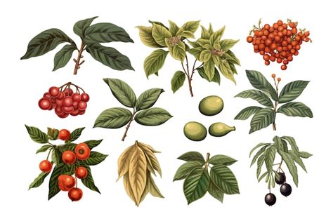 나뭇잎이 있는 커피나 커피 나무 가지의 식물 그림 묶음 자연 식물 장식 컬렉션 벡터 그림 격리 컬렉션 열대 잎 세트 프리미엄 벡터