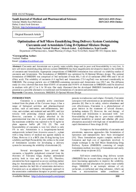 Pdf Optimization Of Self Micro Emulsifying Drug Delivery System Containing Curcumin And