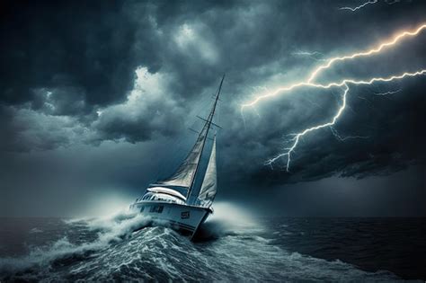Premium Photo Yacht Sailing In A Storm With Lightning And Thunder