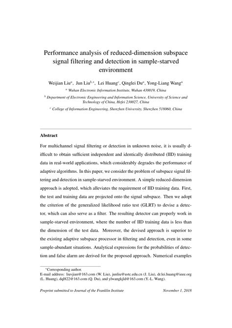 Pdf Performance Analysis Of Reduced Dimension Subspace Signal Filtering And Detection In